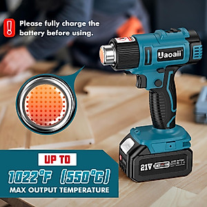 Cordless Heat Gun, Uaoaii 21V Hot Air Gun w/ 2x 4.0Ah Rechargeable Battery, 4 Nozzle, Led Light & Suitcase, 2-Temp Setting Max 1022°F(550°C) Heat Gun for Crafts, Shrink Tubing, Resin & Decorating