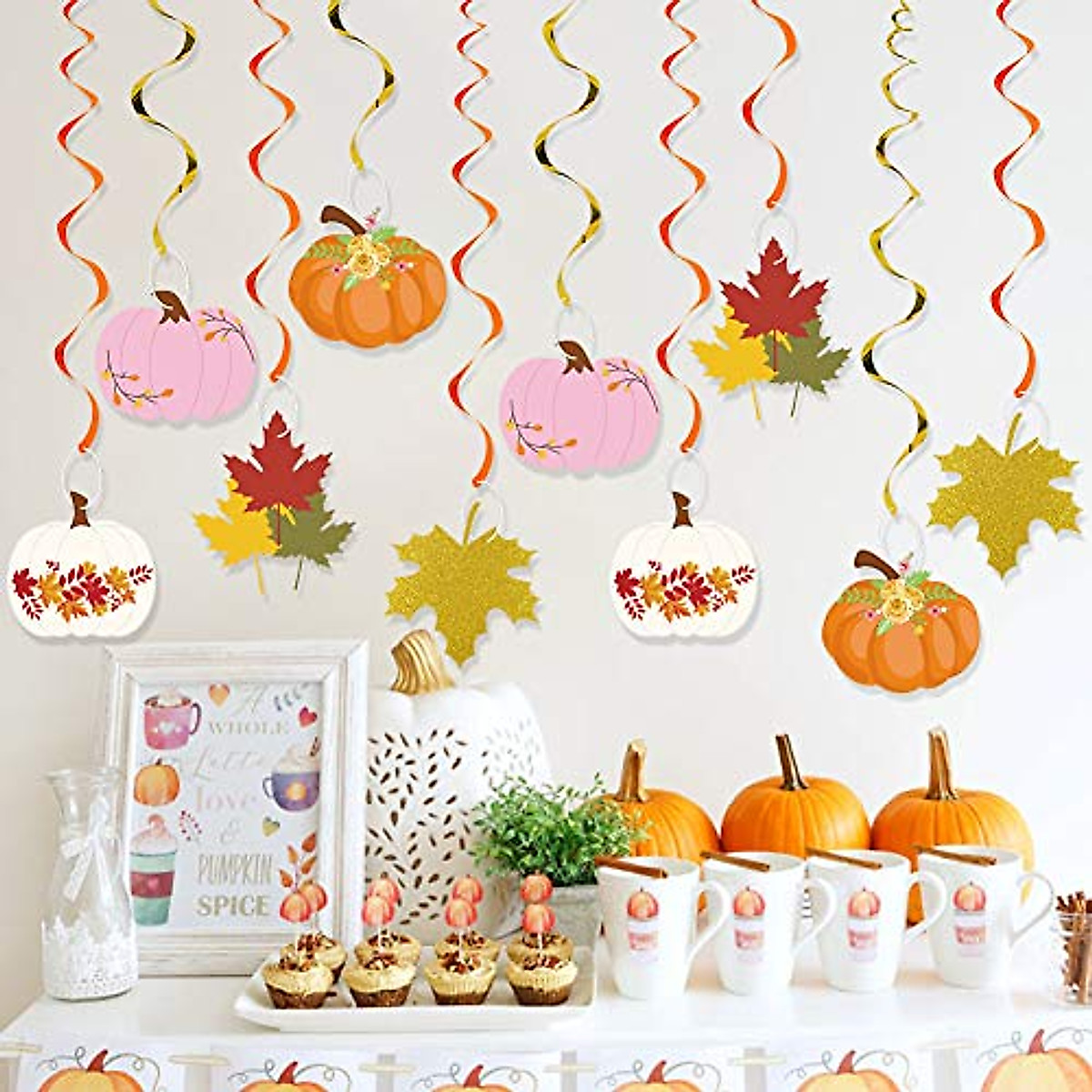 20Pcs Fall Party Hanging Decorations, Autumn Pumpkin Maple Leaf Thanksgiving Hanging Swirls Streamers, Fall Hanging Decorations for Little Pumpkin Baby Shower Fall Thanksgiving Birthday Party Supplies