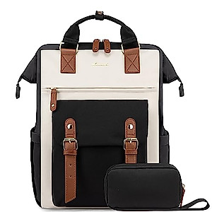 LOVEVOOK Laptop Backpack For Women Work Travel Backpack Purse, Nurse Bag College Backpack, Teacher Doctor Business Laptop Bag, Waterproof Wide Open Computer Back pack, 15.6 Inch, Black-Beige-Brown