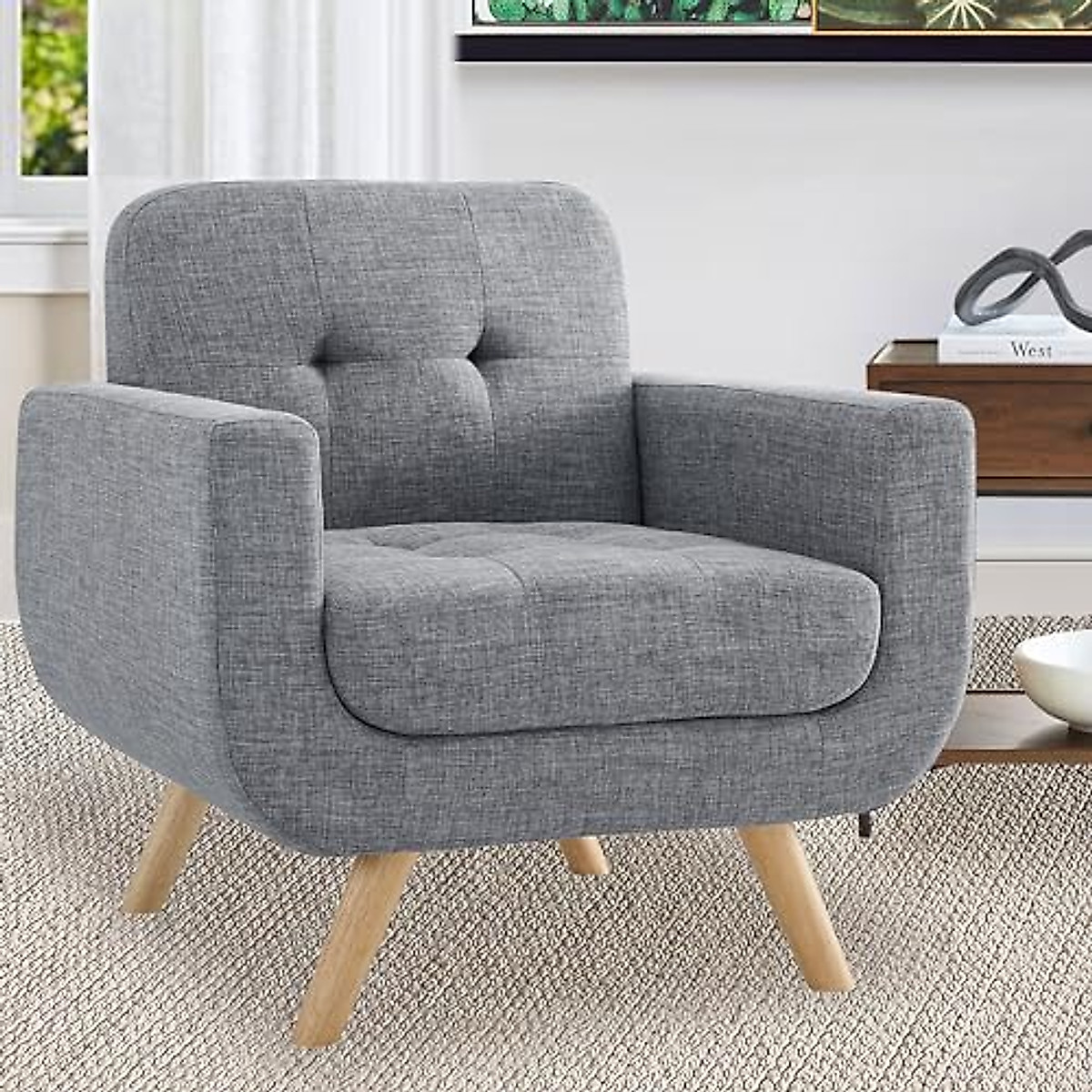 ROSEVERA Rylee 30”Accent Fabric Upholstered Arm Tufted Comfy for Reading in Bedroom,Living Room, Sofa Chair,Armchair for Small Space,Wood Legs, Standard, Gray Linen