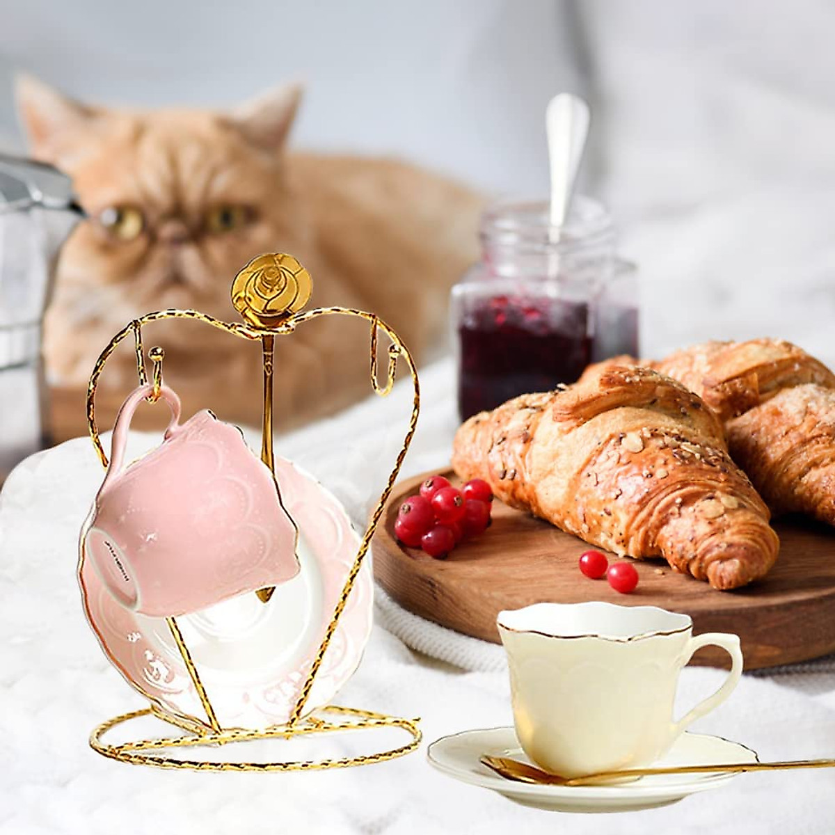 Heart Shaped Tea Cup and Saucer Display Stand Holder Rack Metal Cup Saucer Holder Tea Cup Holder Display Stainless Steel Coffee Mug Organizer for Plate Teapot - Gold