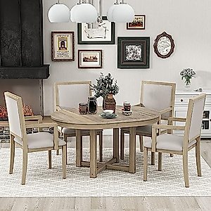 Lepfun 5-Piece Set Two-Size Round to Oval Extendable Butterfly Leaf Table and 4 Upholstered Dining Chairs with Armrests, Perfect for Kitchen and Family (Natural Wood Wash)