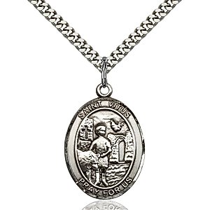 Bonyak Jewelry Saint Medal Collection Custom Engraved Sterling Silver St. Vitus Pendant 1 x 3/4 inches with Heavy Curb Chain