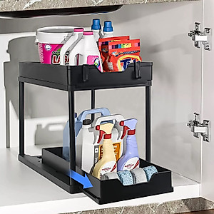 Under Sink Organizer, Sliding Cabinet Basket Organizer 2 Tier Under Bathroom Storage Rack with Hooks, Multi-purpose Storage Shelf for Bathroom Kitchen (White, 2 Pack)