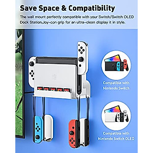 ZAONOOL Wall Mount for Nintendo Switch and Switch OLED, Metal Wall Mount Kit Shelf Stand Accessories with 5 Game Card Holders and 4 Joy Con Hanger, Safely Store Switch Console Near or Behind TV, White