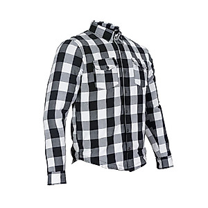 Bikers Place Mens Motorcycle Lightweight Waterproof CE armor Blk/White Checkered Flannel Riding Jacket Shirt (XL, Blk/White) (SH13)