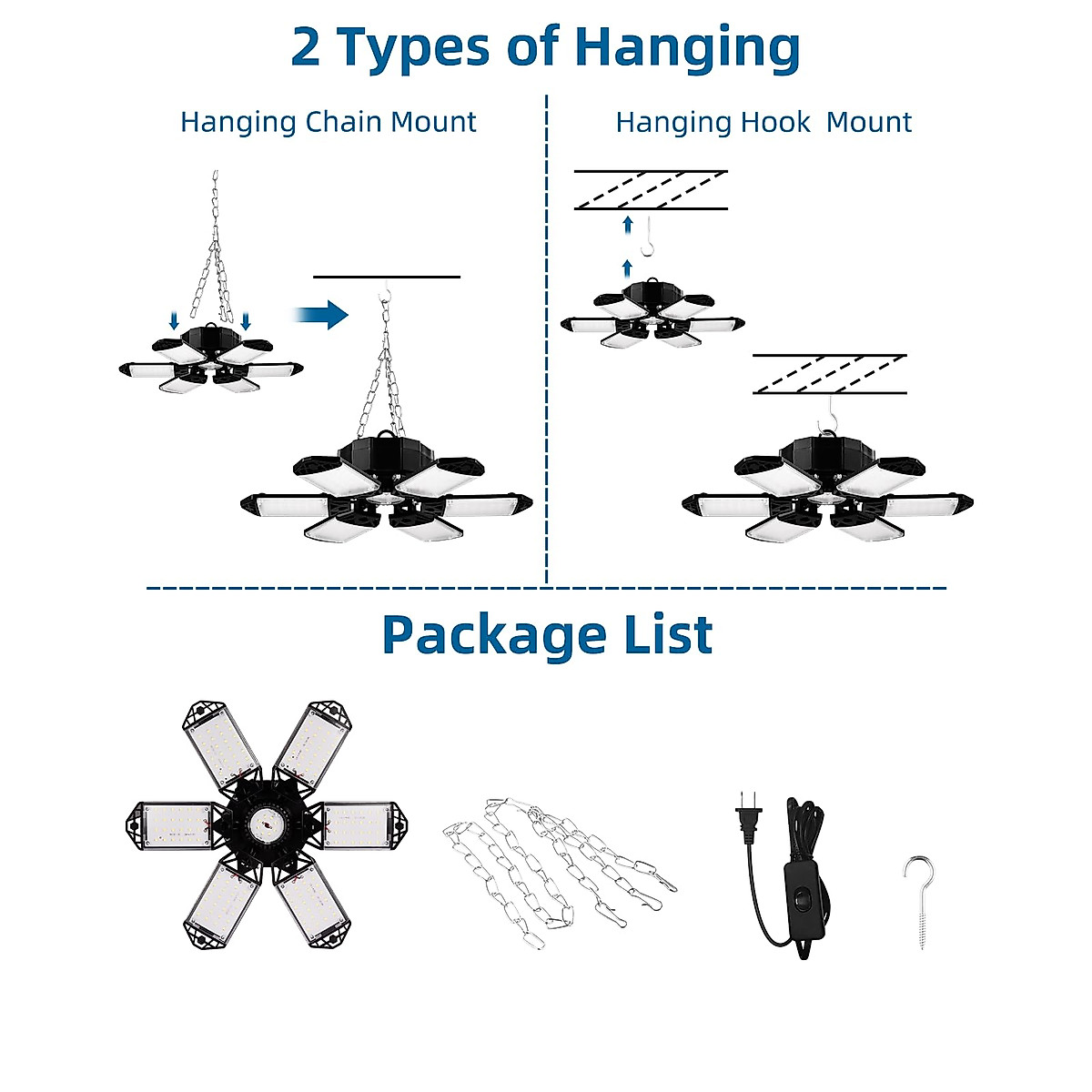 FAMURE Garage Light with Motion Sensor, 185W LED Ceiling Shop Lights Plug in, 18500Lm Super Bright 6000K Motion Indoor Lamp with 6 Deformable Panels, Linkable Ceiling Garage Lights for Warehouse