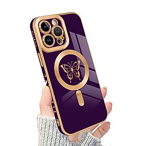 Newseego for iPhone 13 Pro Max Magnetic Case, Cute Butterfly Plating Edge Case for Women Girls Men Soft TPU Bumper Shockproof Camera Protective Cover for iPhone 13 Pro Max-Purple