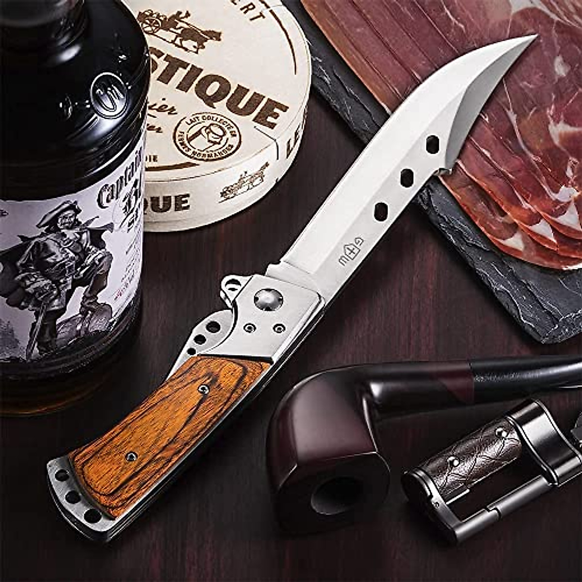 Grand Way Bundle of 2 Items Hunting Folding Knife with Rosewood Handle - Tactical EDC Pocket Knife - Foldable Long Blade Pocket Knife - Mini Multitool Knife 12 in 1 - Best Gear Accessory - Gifts