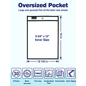 SUNEE 30 Packs Oversized Reusable Dry Erase Pocket Sleeves with 2 Rings, Black 10x14 Ticket Holders, Clear Plastic Sheet Protectors, Teacher School Classroom Supplies