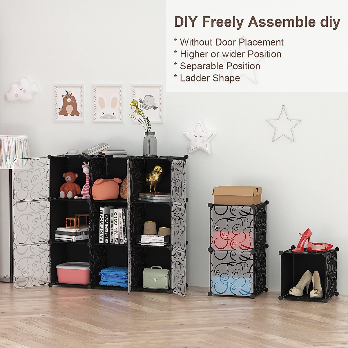 Anenz Cube Storage Organizer,12-Cube Closet Organizer with Doors Plastic Shelving Modular Cubby Shelves Shelf,14 ”x14 Black Storage Cubes Bookshelf