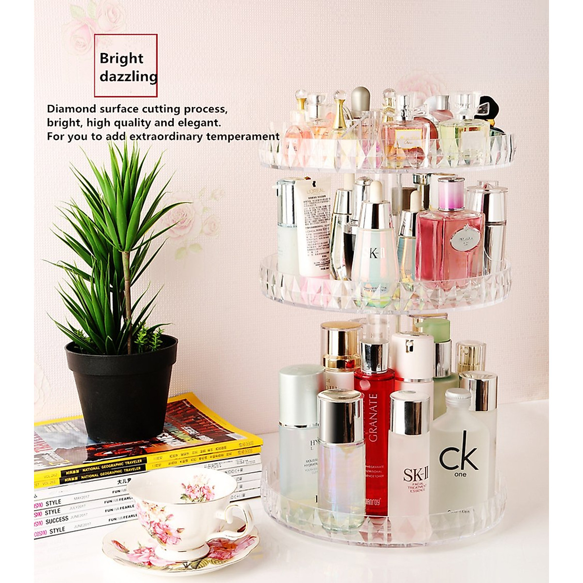 BOTIDE Diamond Pattern Three Layers Perfume Organizer, 360 Rotating Diamond Cosmetic Storage Box Transparent Acrylic Swivel Shelf Desktop Skin Care Product Dresser Finishing, Plus Size