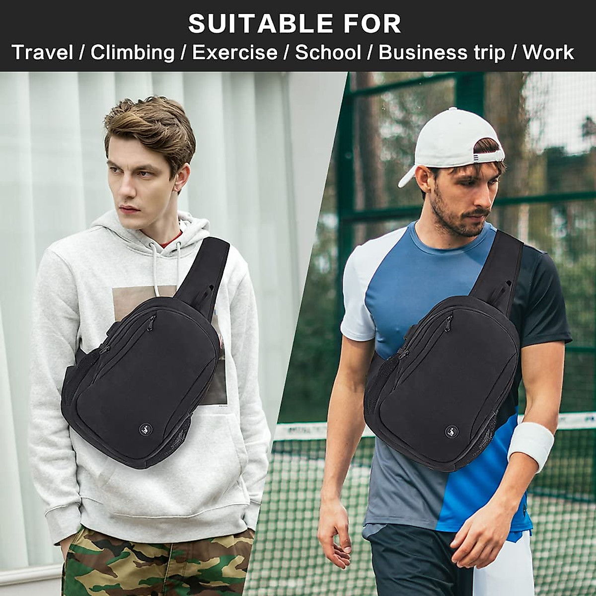 OIWAS Sling Bag For Men Fit 12.9 Inch Tablet Lightweight One Strap Backpack Black Business Crossbody Bag Travel Hiking Shoulder Bag Waterproof Cycling Chest Bag
