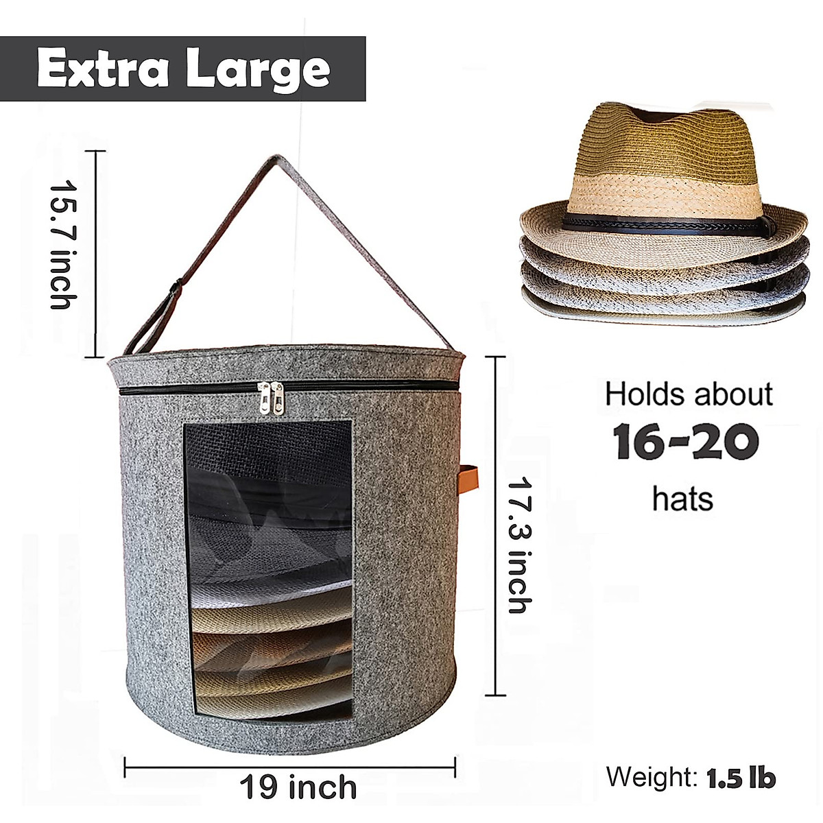 Aeeteek Hat Storage Box 19" D x 17" H Portable Felt Organizer Bucket Foldable Large Capacity Bag Round Travel Hat Container with Dust Proof Lid, Stuffed Animal Toys and Clothes Storage Bin (Grey)