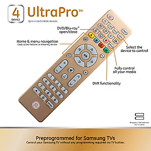 GE Universal Remote Control, Samsung TV Remote, Universal TV Remote for Roku TV, Vizio, LG, Sony, Sharp, Roku, Apple TV, TCL, Panasonic, Smart TVs, Streaming Players, Blu-ray, DVD, 4-Device, Gold