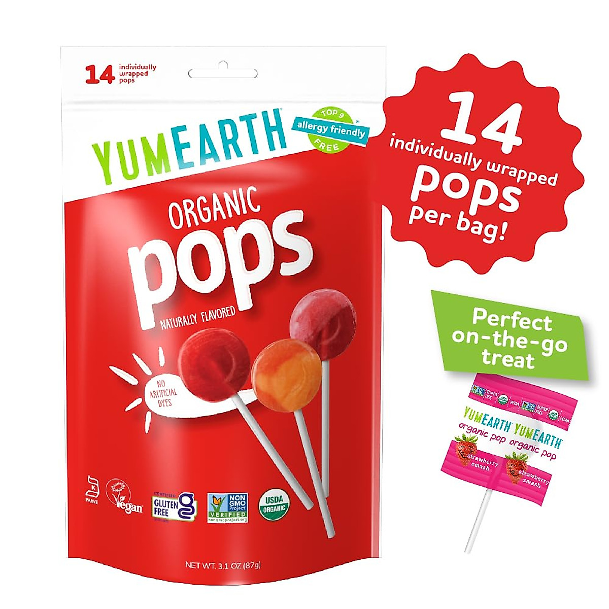 YumEarth Organic Pops Variety Pack, 14 Fruit Flavored Favorites Lollipops, Allergy Friendly, Gluten Free, Non-GMO, Vegan, No Artificial Flavors or Dyes