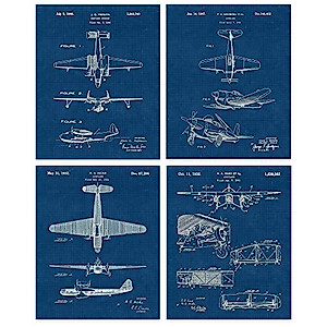 Vintage Propeller Airplanes Patent Prints, 4 (8x10) Unframed Photos, Wall Art Decor Gifts Under 20 for Home Office Man Cave Shop College Student Teacher Aircraft Mechanic Pilot Aviation Engineer Fans