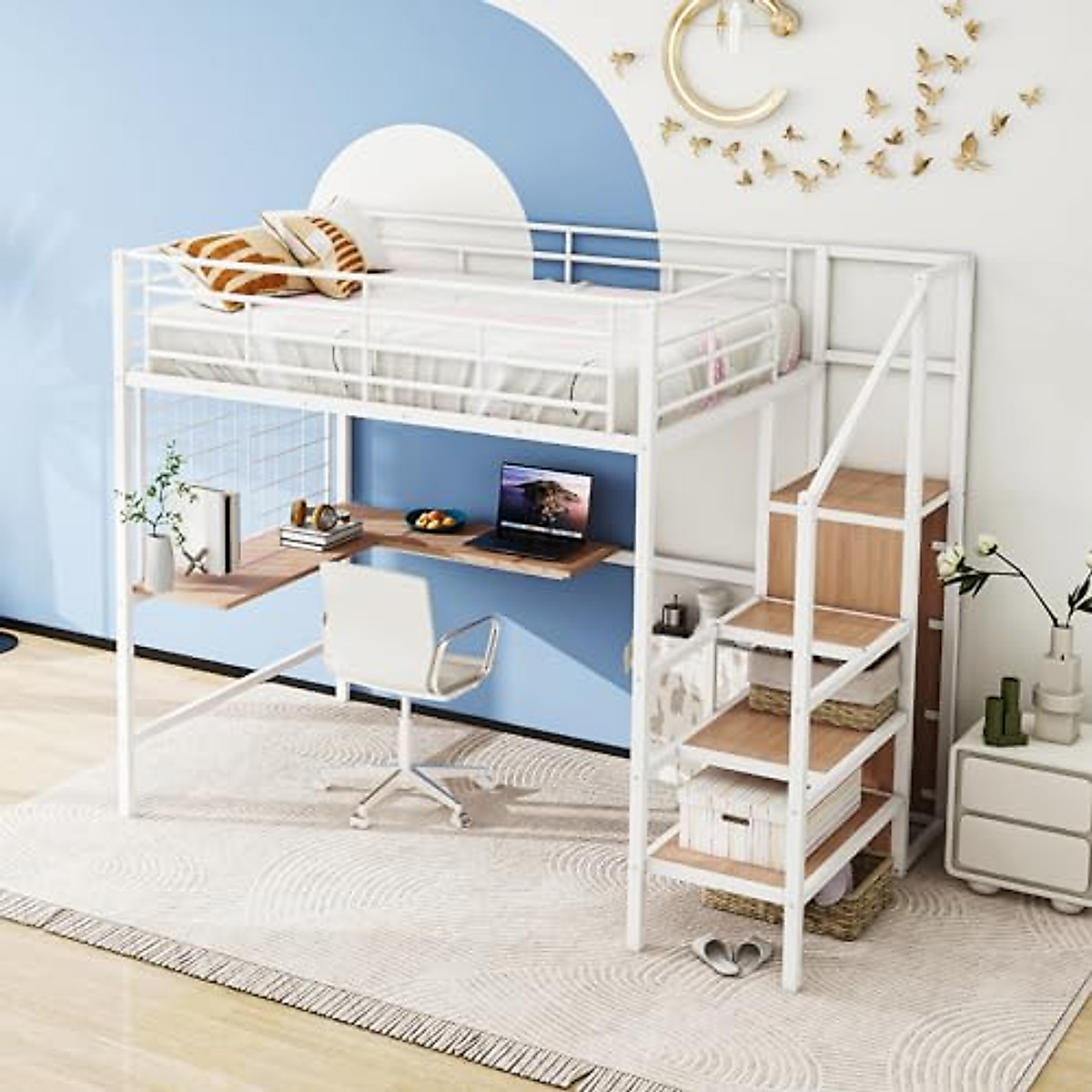 EMKK Full Size Metal Loft Bed with Desk and Metal Grid, Stylish Metal Frame Bed with Lateral Storage Ladder and Wardrobe,Loft Bed for Kids, Teens - Creative Haven for Study and Sleep