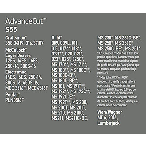 Oregon S55 AdvanceCut Chainsaw Chain for 16-Inch Bar -55 Drive Links – low-kickback chain fits McCulloch, Stihl, Wagner and more