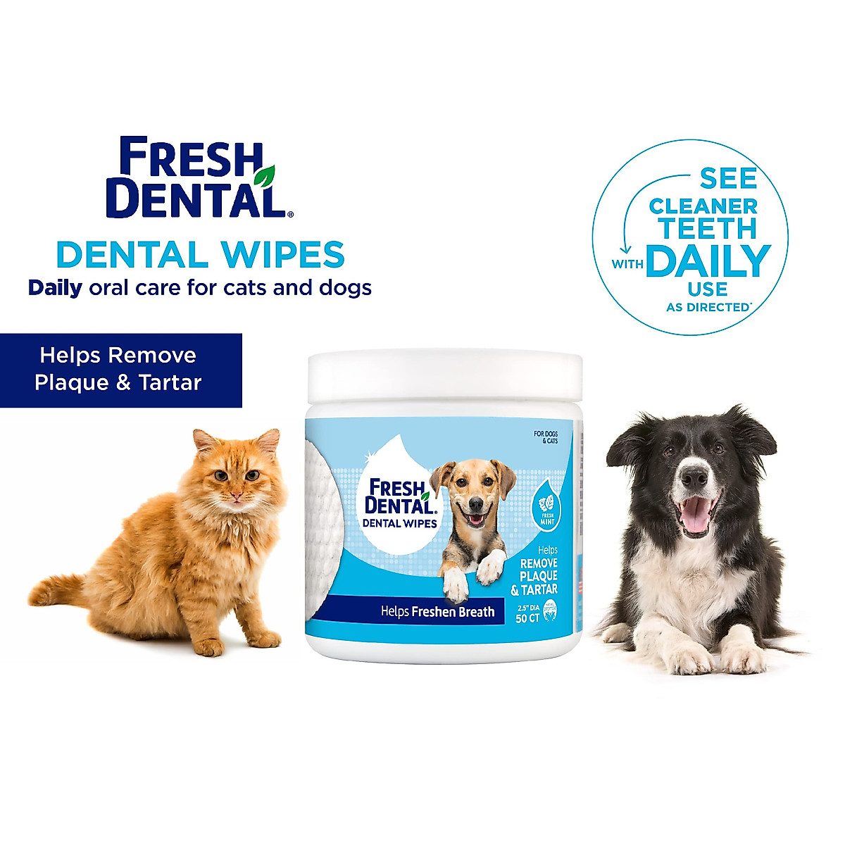 Naturel Promise Fresh Dental Clean Teeth Dental Wipes for Pets, 50 Count, Fresh Mint - Helps Remove Plaque, Tartar & Freshen Breath - Made in The USA