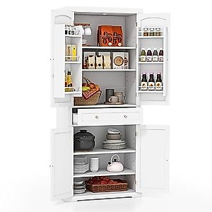 SILKYDRY 72" Tall Kitchen Pantry Cabinet, Freestanding Cupboard w/ 4 Doors & 1 Drawer, 6 Hanging Shelves & 4 Adjustable Shelves, Versatile Storage Cabinet for Dining Room, Laundry, Living Room, White