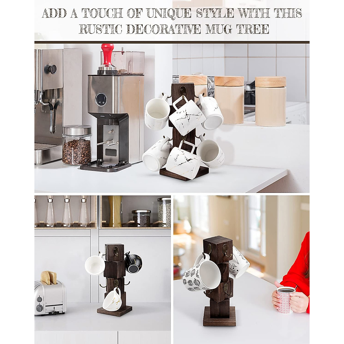 PUERSI Coffee Mug Holder for Counter, Rustic Solid Wood Mug Tree, Farmhouse Wooden Coffee Cup Rack, Distressed Mug Stand with 8 Hooks (Rustic Brown)