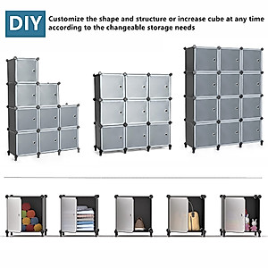 AWTATOS Storage Cube Organizer with Doors, Stackable Closet Shelf for Bedroom, Clothes Shelving Rack, DIY Square 9 Cubes Bookcase Bookshelf, Plastic Space Saver for Home, Living Room, Office, Black