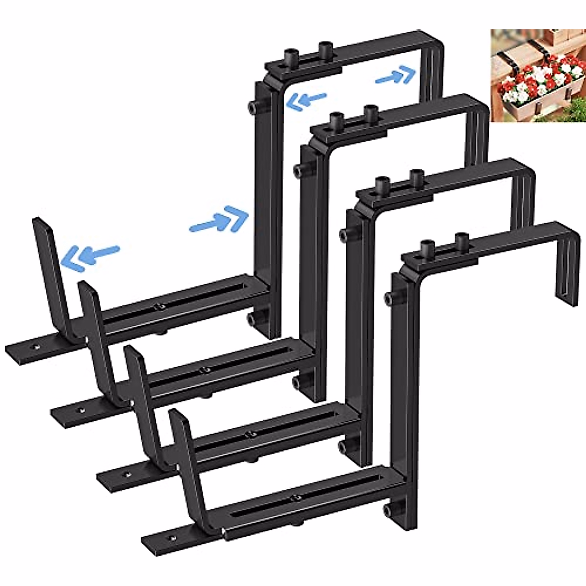 HFHOME 4 PCS Adjustable Planter Box Bracket (6 to 12.5 Inches) for Flower Box Holders, Window Boxes Planters Hooks, Heavy Duty Wall Mount Holder for Windowsills, Garden, Fences, and Balcony - Black