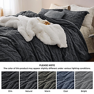 Bedsure Fluffy Comforter Cover Set - Faux Fur Duvet Cover Queen Size, Dark Grey Plush Quilt Cover, 3 Pieces,1 Duvet Cover (90"x90") with Zipper Closure & 2 Pillow Shams, Comforter Not Included