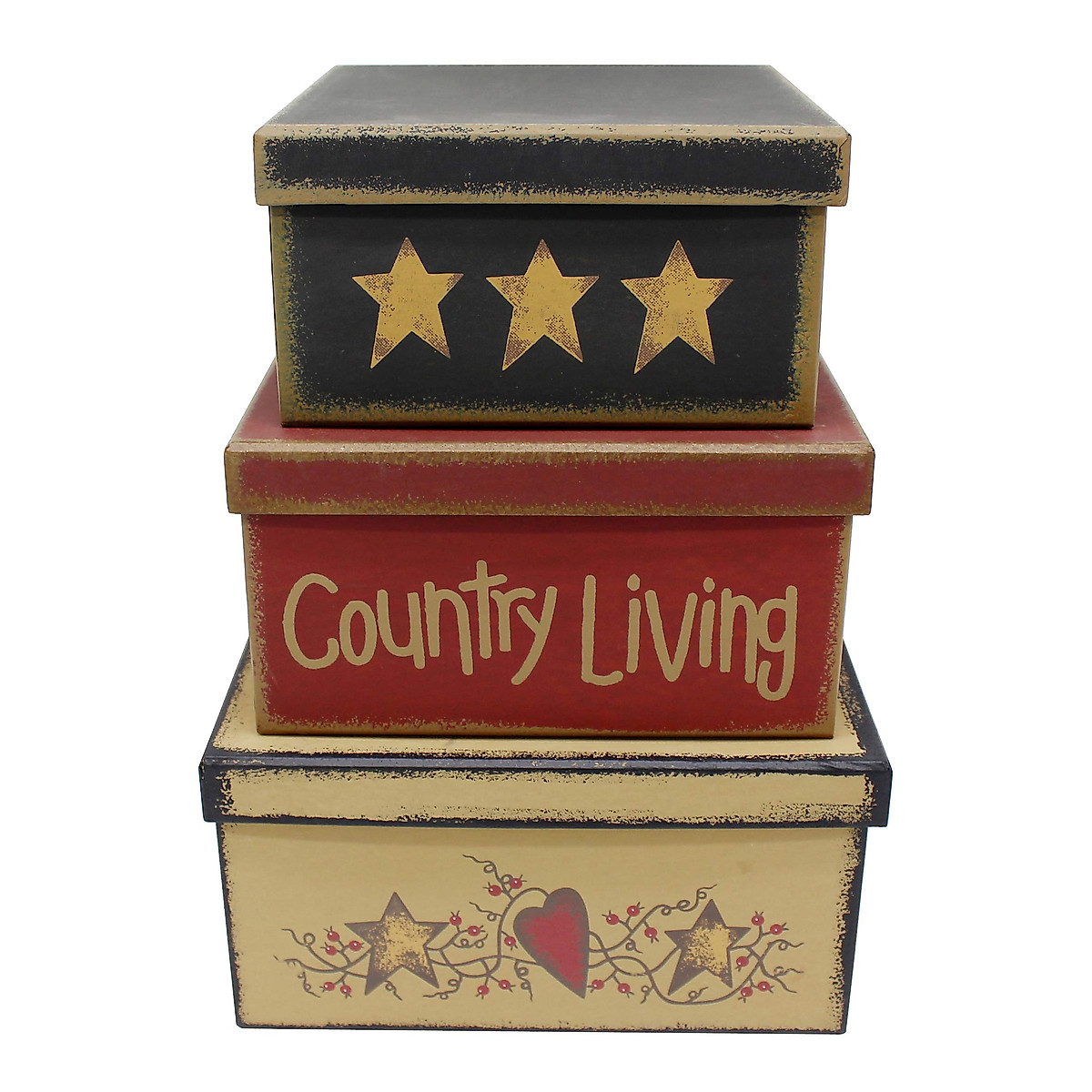 CVHOMEDECO. Farmhouse Square “Country Living” Cardboard Nesting Boxes for Photos Memories Keepsakes, Large 9 X 9 X 4-1/2 Inch. Set of 3.