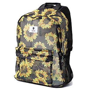 ESVAN Original Print Mesh Backpack Semi-Transparent Sackpack See Through Beach Bag Daypack Multi-Purpose Women Men Unisex (Sunflower)