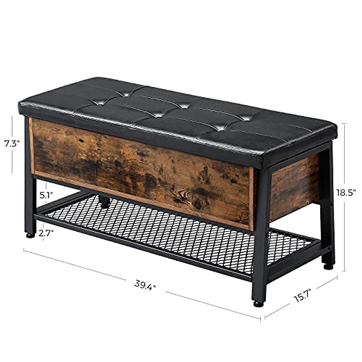 VASAGLE Industrial Storage Bench, Bed End Stool with Padded Seat and Metal Shelf, Sturdy Steel Frame, 39.4”L x 15.7”W x 18.5”H (100 x 40 x 47 cm), Rustic Brown + Black
