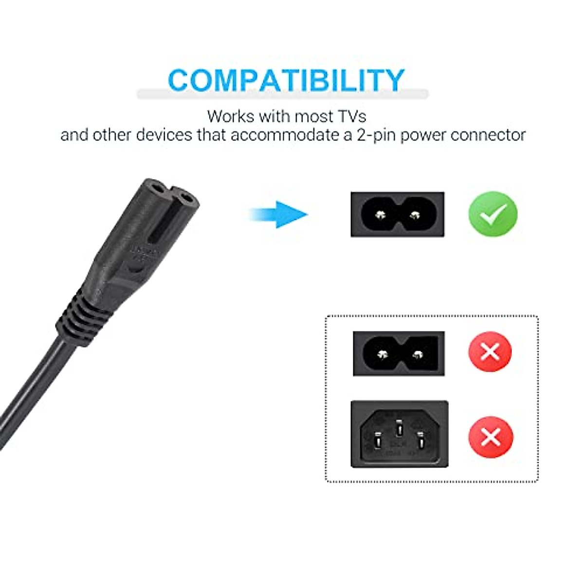 AC Power Cord Compatible Samsung TV, TCL lg Sony Sharp Insignia Hisense Toshiba TV 6 Feet 2 Prong Power Cable Replacement