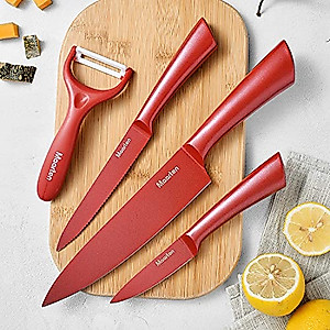 Maarten Kitchen Knives Set - 4 Piece Stainless Steel Chef Knife Set with Sheath - Boxed Knife Sets Gifts for Family (Red)