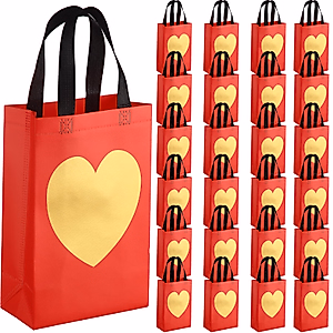24 Pcs Valentines Day Reusable Gift Bags with Shiny Gold Heart Non Woven Gift Bags Goodie Bags 8 x 12 x 4 Inch Grocery Bags Shopping Bags for Birthday Wedding Valentines Party (Red)