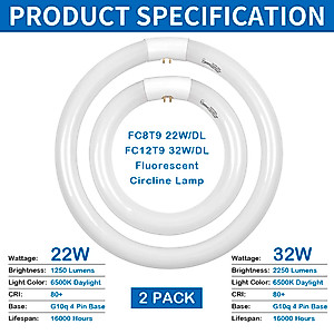 FC8T9 22W and FC12T9 32W Circular Light Bulb, Daylight 6500K Set, Round Repalement Bulbs, 8 Inch 22 Watts and 12 Inch 32 Watts Circline Kitchen and Bath Fluorescent Lamp, G10q 4 Pin Base, 2 Pack