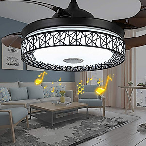 Razaban 42 inch Ceiling Fan Light with Bluetooth Speaker and Remote Control, Modern 3-Color Dimming Chandelier Mute Ceiling Fans with Lights for Bedroom Dining/Living Room (42inch-Black)