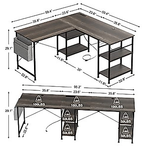 Tbfit L ShapedDesk with Storage Shelves,95.2 Inch Reversible Coner Desk Office Desk for Small Space,Large Computer Gaming Desk Workstation with Power Outlet,2 Person Long Writing Study Table(Gray) …