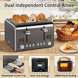 SEEDEEM Toaster 4 Slice, Stainless Steel Bread Toaster with Colorful LCD Display, 7 Bread Shade Settings, 1.4'' Wide Slots Toaster with Bagel/Defrost/Reheat Functions, Removable Crumb Tray, Dark Metallic, 1800W