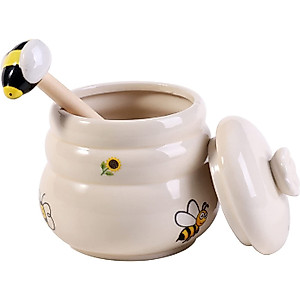 Ceramic Honey Jar with Wooden Honey Dipper-Honey Pot with Dipper- Honey Jar with Stand, Great Bee Decor- Farmhouse Kitchen Decor