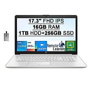 2022 HP 17.3" FHD Laptop Computer, Intel Core i5-1135G7 Processor(> i7-1065G7), 16GB RAM, 1TB HDD+256GB PCIe SSD, Backlit Keyboard, Iris Xe Graphics, HD Webcam, Win 10, Silver, 32GB SnowBell USB Card