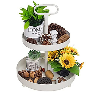 MAONAME White 2 Tiered Tray, Metal Two Tier Tray with Handle, Decorative Tray for Kitchen, Living Room, Bathroom, Seasonal Decor