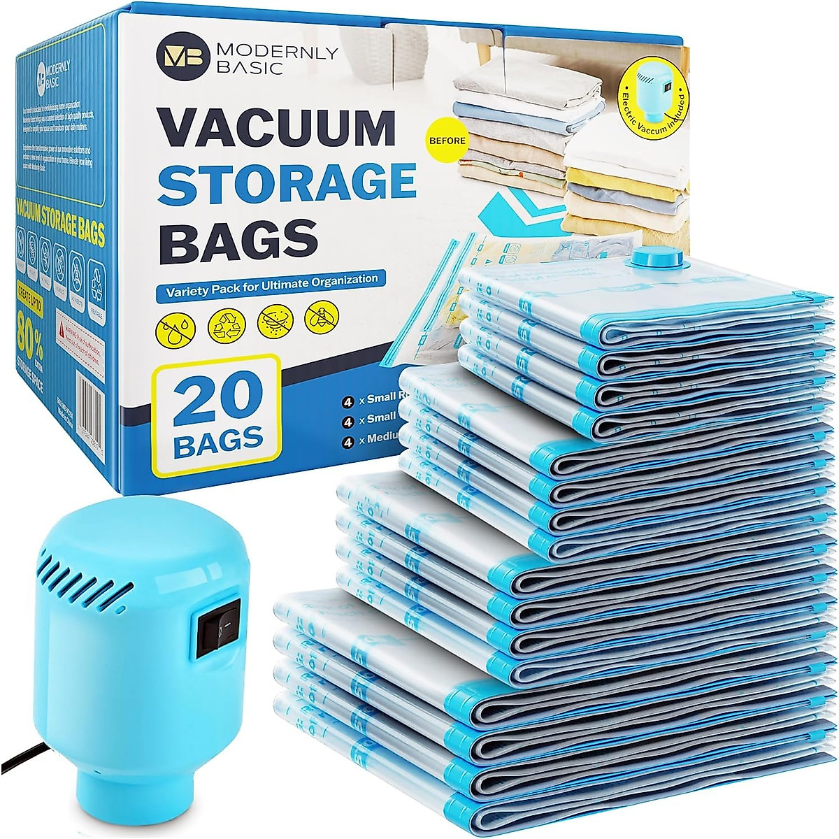 20 Pack Vacuum Storage Bags with Electric Pump, (4 Jumbo/4 Large/ 4 Medium/ 4 Small/ 4 Roll) Vacuum Sealed bags for clothing, Comforters, Blankets, Bedding - Space Saver Vacuum Storage Bags