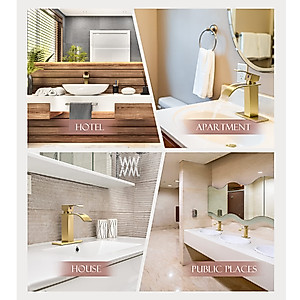 YardMonet Gold Bathroom Faucets, Modern Single Hole Bathroom Faucet Waterfall Spout Bathroom Faucet Brushed Gold Bathroom Sink Faucet with Drain Assembly and Lead-Free Hose