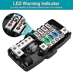 Power Distribution Block, Fused Power Distribution Block Car Audio 4 Way MIDI(Mini-ANL) Fuse Block, Support 12V Input 0-4 Gauge & Output 4-8 Gauge with Ground for Auto UTV Boat Stereo Amp