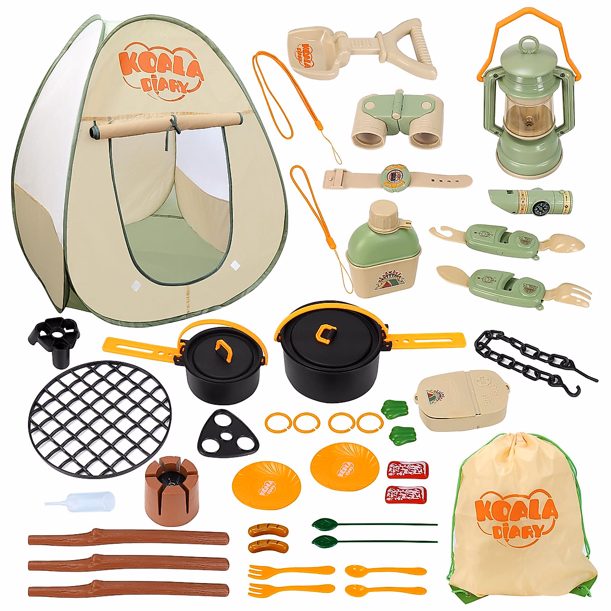 KPUAOAB Kids Camping Set 40Pcs with Play Tent, Binoculars, Oil Lantern, Toy Campfire,Indoor and Outdoor Campfire Toy Set,Gift Idea for Boys Girls Age 3,4,5,6 Year Old for Birthday Christmas
