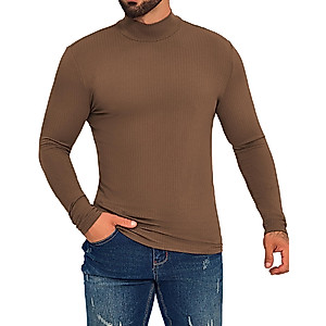 ZAFUL Mens Long Sleeve Turtleneck Undershirt Casual Knit Pullover Thermal Sweater Shirts Ribbed Tee for Fall Winter Brown L
