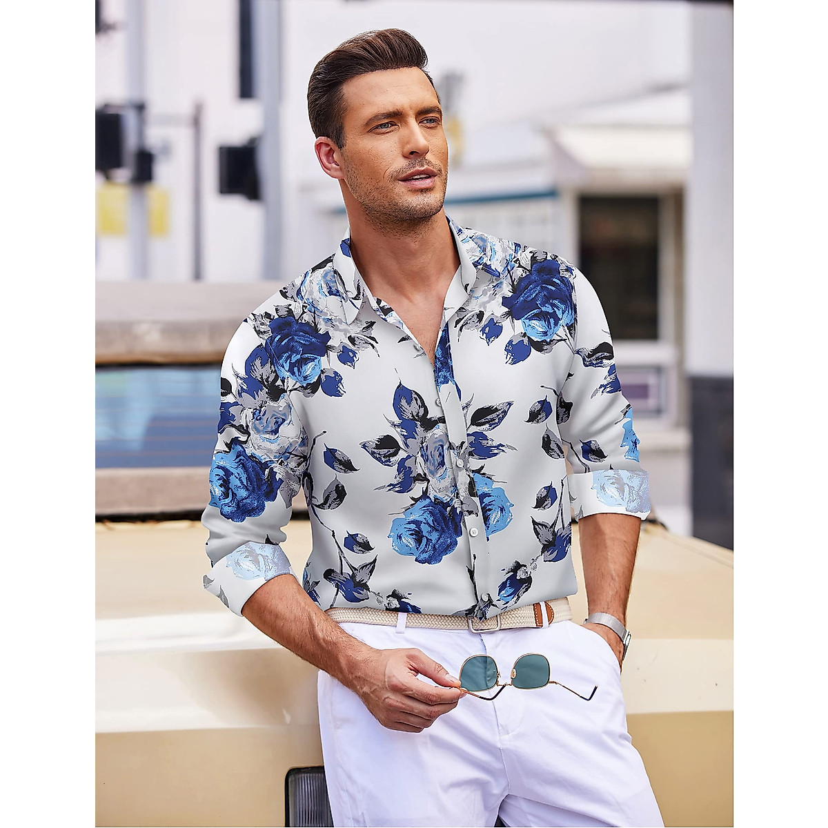 COOFANDY Men's Slim Fit Floral Dress Shirt Long Sleeve Casual Button Down Shirts (01_White&Blue, Small)