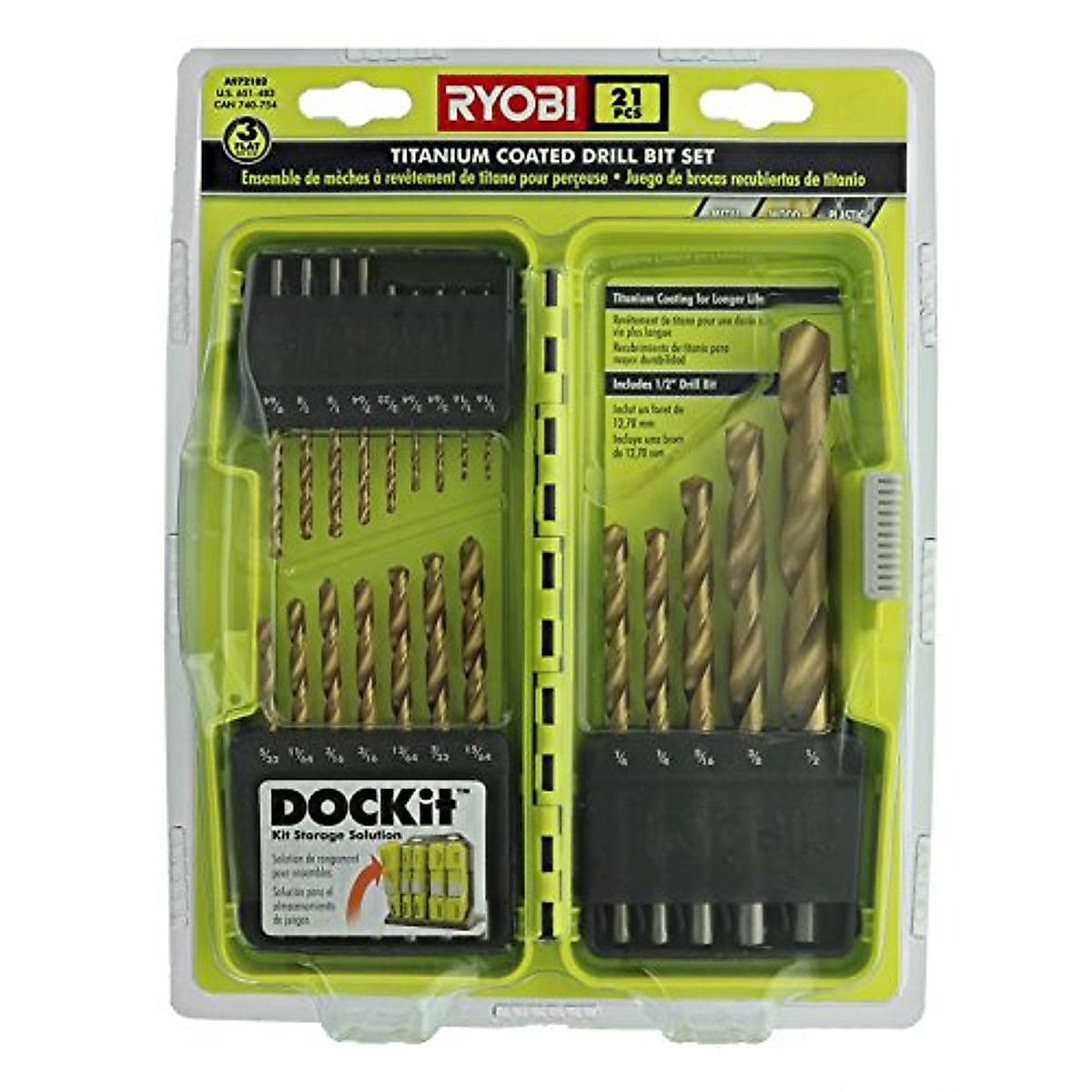 Ryobi A972101 21 Piece Titanium Drill Bit Set w/ Plastic Locking Storage Case and Foldout Rubberized Organization Solution