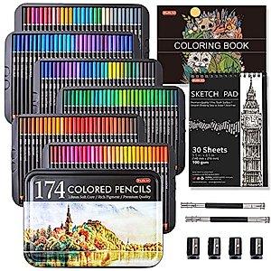 174 Colors Professional Colored Pencils, Shuttle Art Soft Core Coloring Pencils Set with 1 Coloring Book,1 Sketch Pad, 4 Sharpener, 2 Pencil Extender, Perfect for Artists Kids Adults Coloring, Drawing